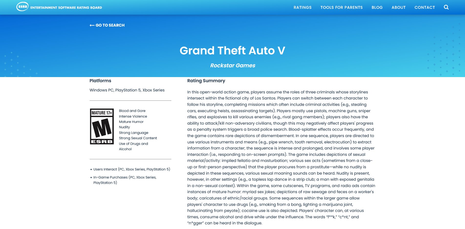 ESRB lista GTA V - VIVAOPLAY